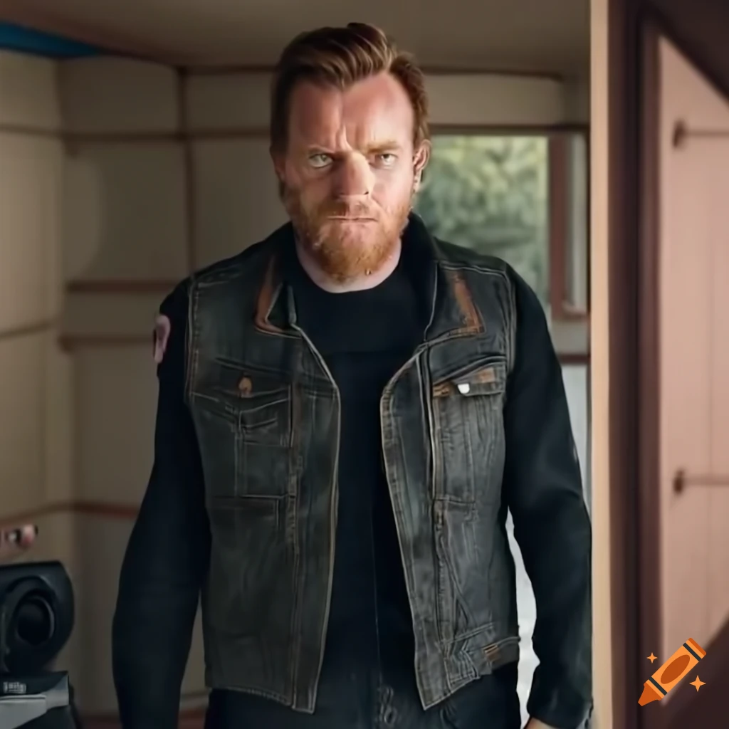 Ewan McGregor lookalike in outlaw biker style outfit standing in a ...