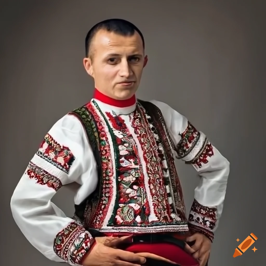Proud man in bulgarian traditional folk costume with intricate patterns ...