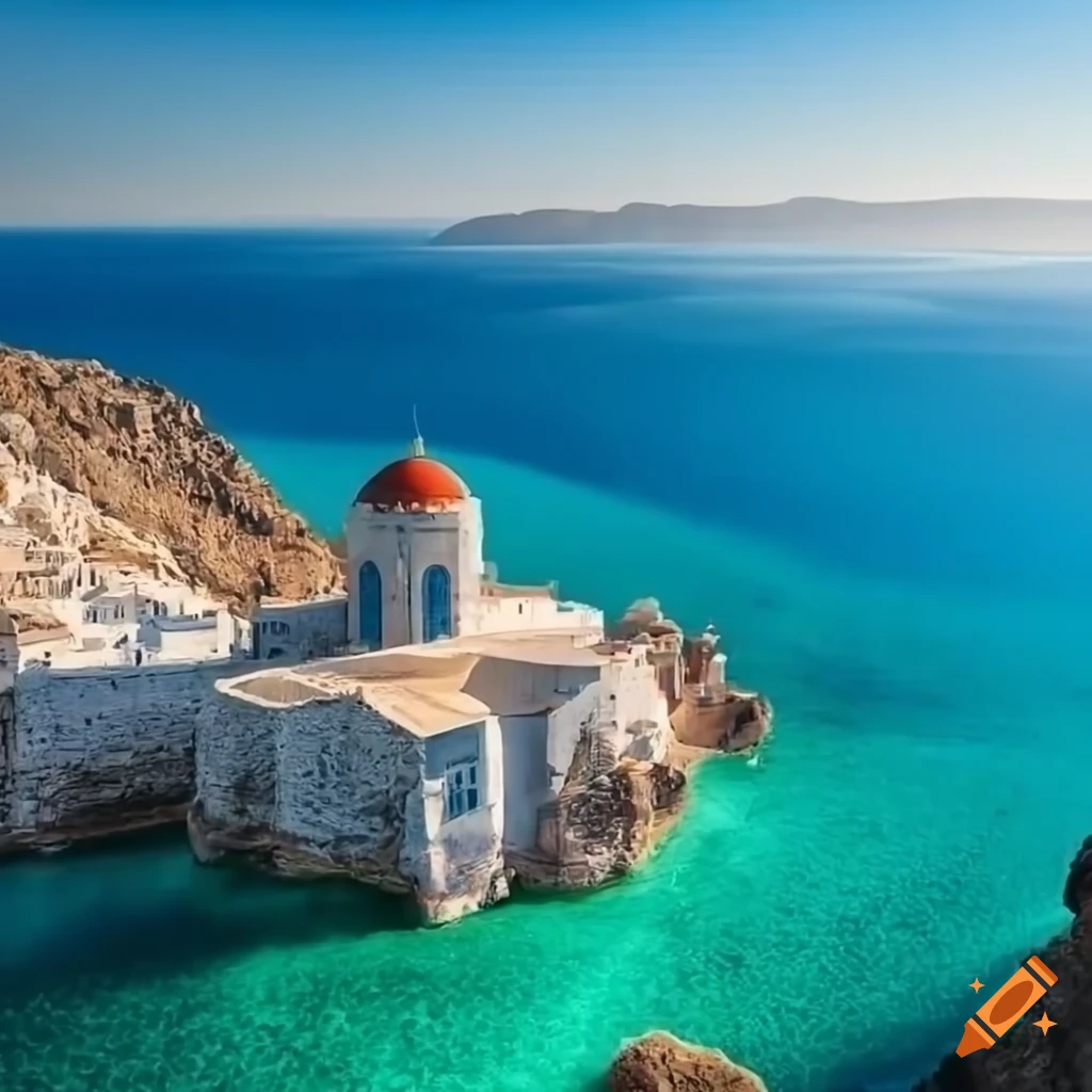 Greek landscape with turquoise sea and white buildings on cliffs in 4K ...