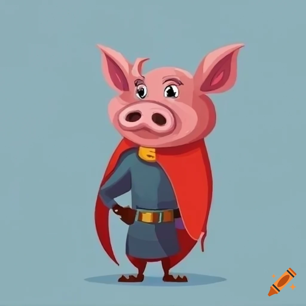 Heroic pig in cape and mask guarding the city in cartoon style on Craiyon