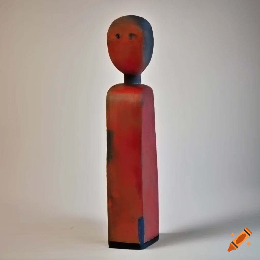 Rustic wooden idol inspired by Piet Mondrian in weathered red color on ...
