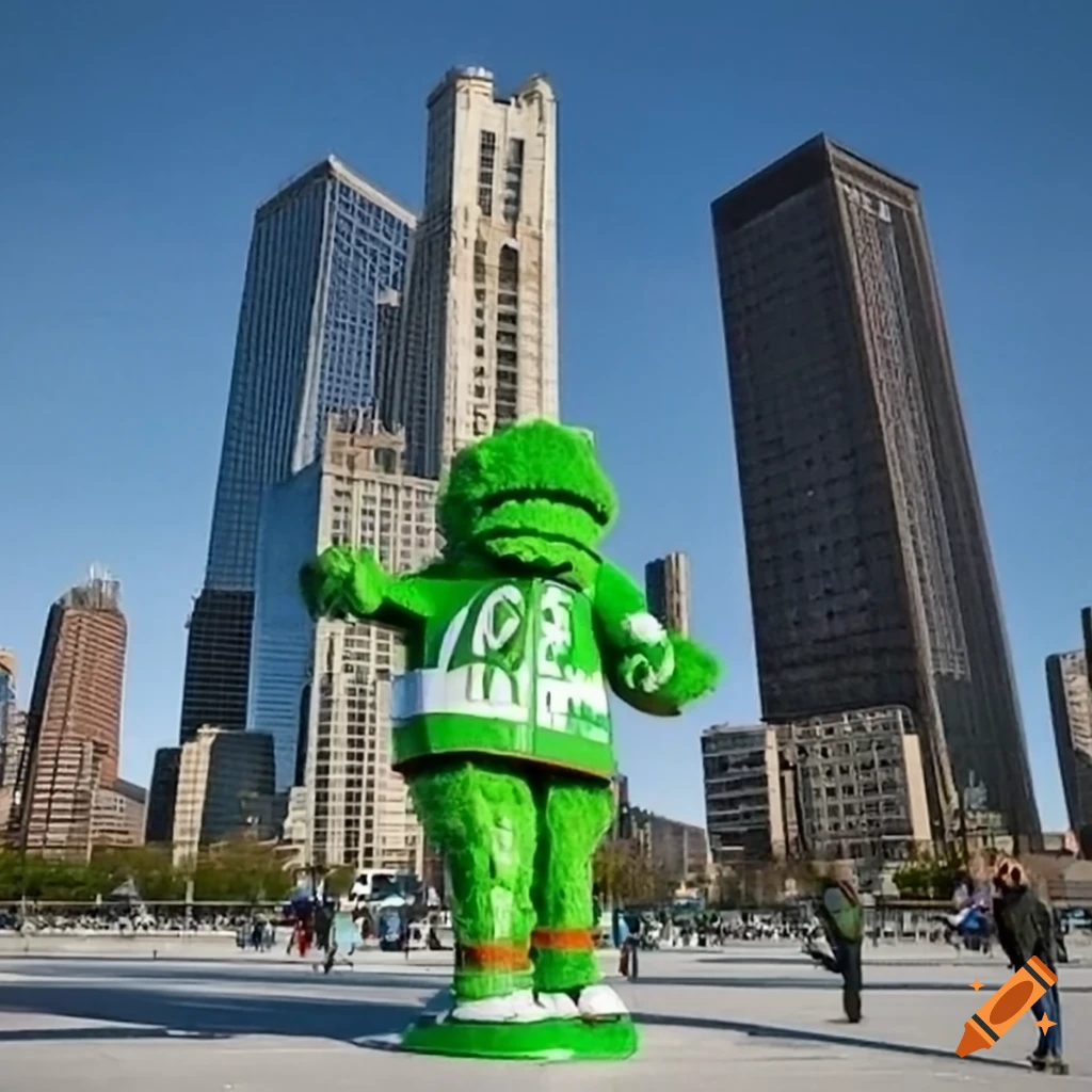 Chicago bean with kelly green mascot in the foreground on Craiyon