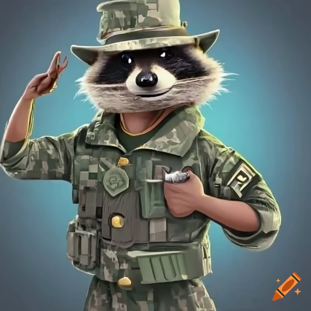Raccoon in military uniform saluting with hat on Craiyon