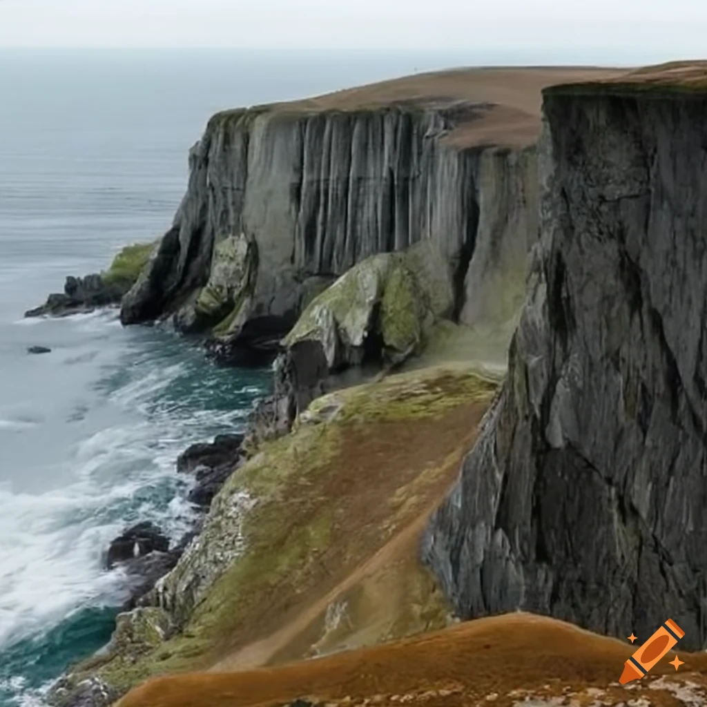 String of islands along the ragged coast with slate-gray cliffs and ...