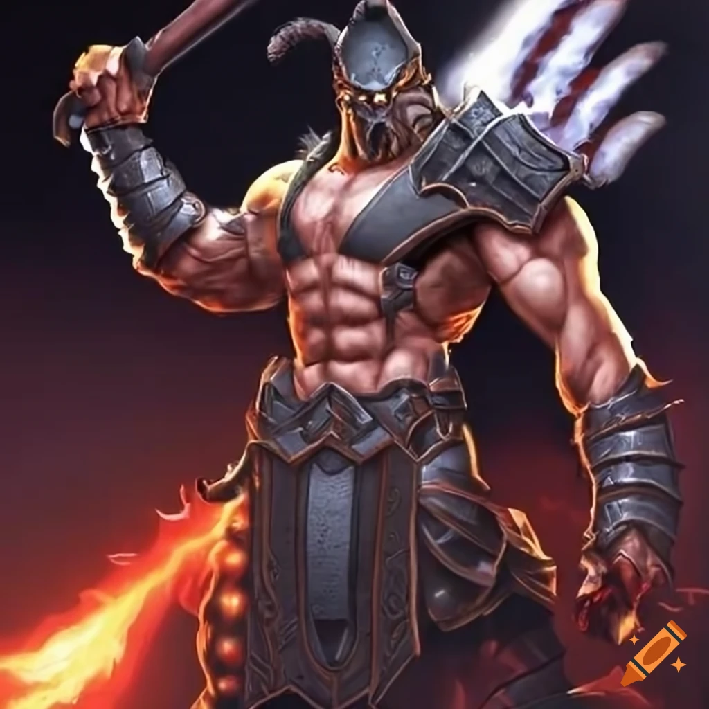 Flamma, the inferno gladiator with a tall, muscular build, tanned skin ...