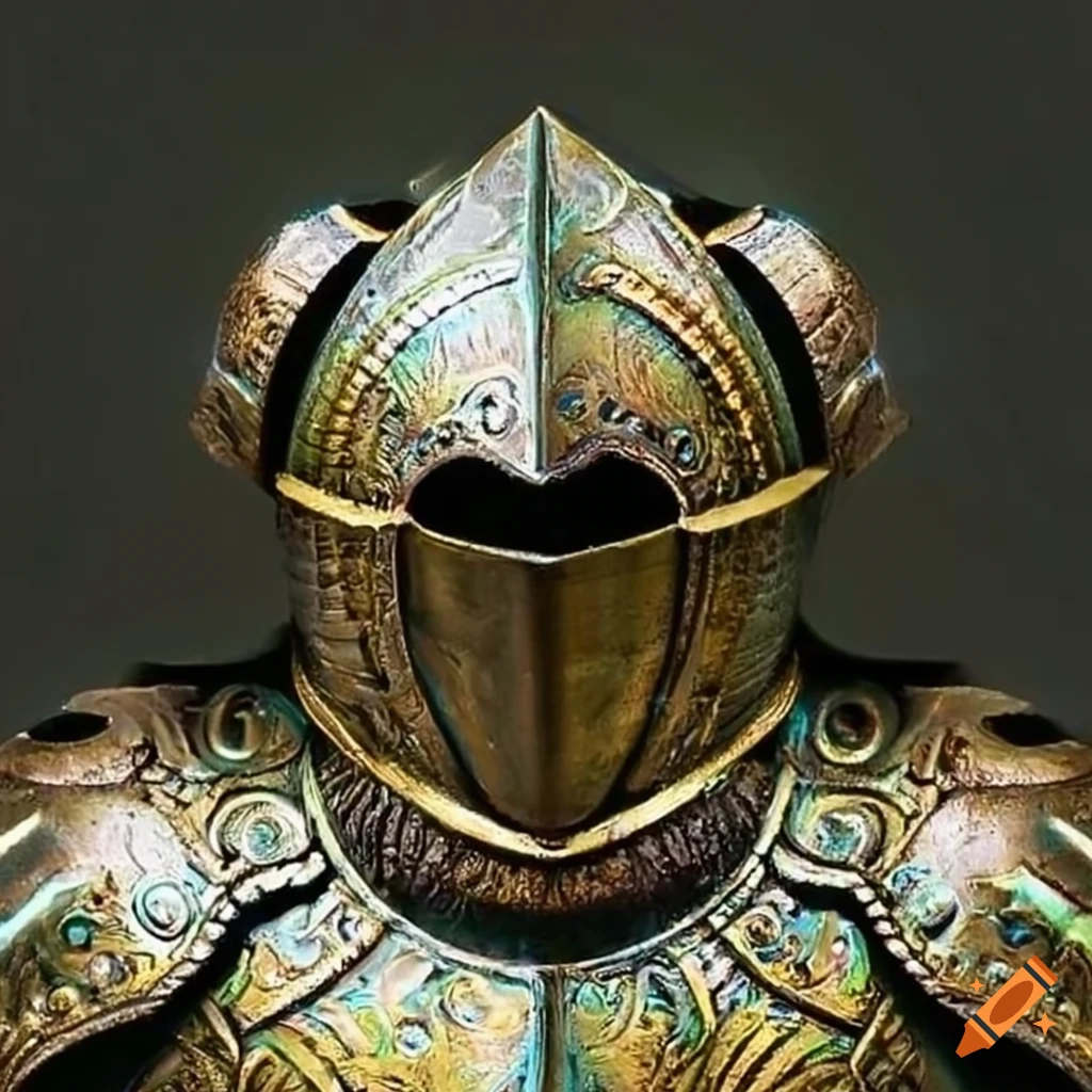 Close-up view of intricately designed bronze armor in vertical symmetry ...