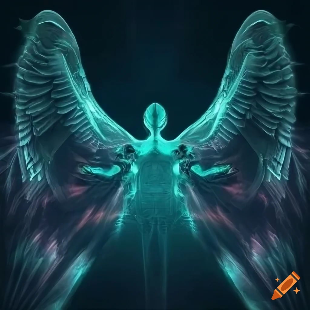 Glowing minimalist seamless cyborg Angel with fractal wings in dark ...