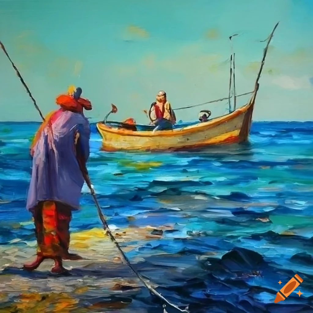 Traditional Cypriot fishermen catching a large fish in a serene sea ...