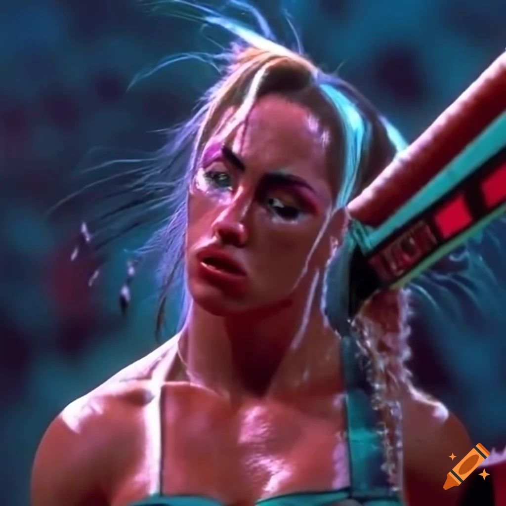 Expressive closeup of a dizzied, bloodied female martial fighter in a ...