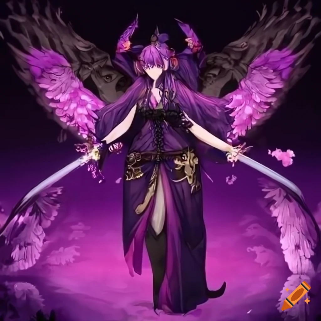 Female demon lord in dark purple robes with wings and a katana, cherry ...