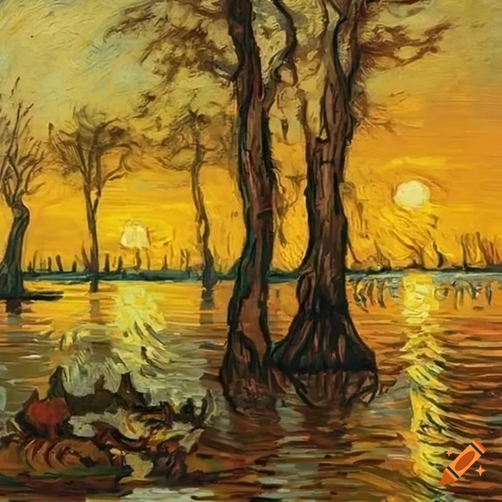 Van gogh painting of golden hour in the swamp on Craiyon