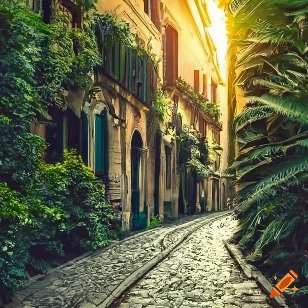 Summer sun in a victorian alley in italy with bushes and palm trees on ...