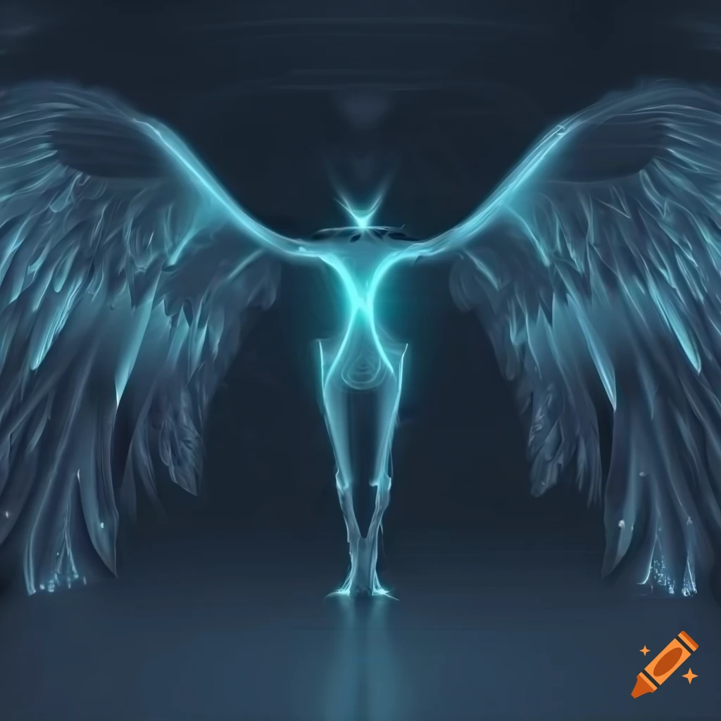 Glowing seamless cyborg Angel with fractal wings in a dark room on Craiyon