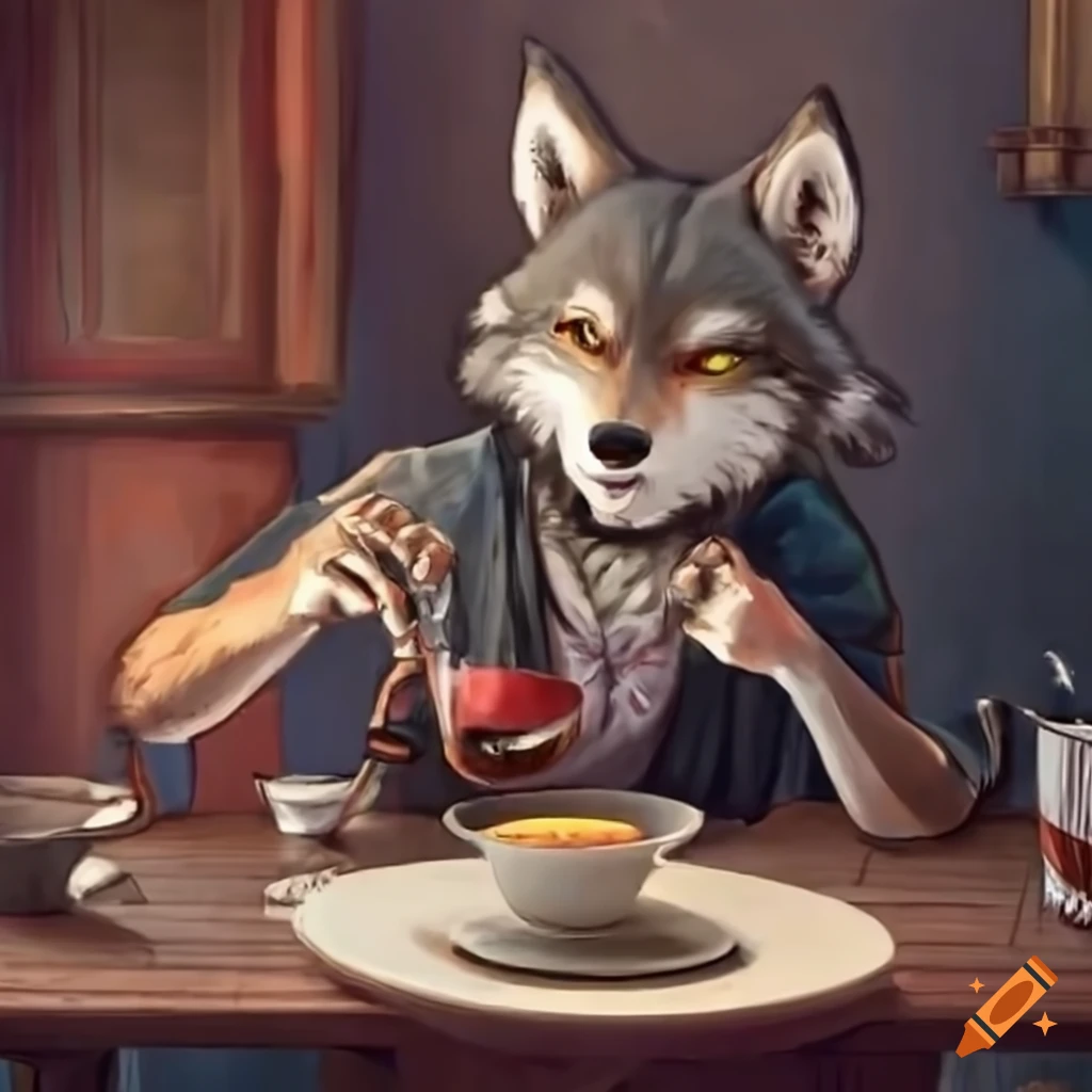 Anthropomorphic wolf sipping tea at a cozy cafe table on Craiyon
