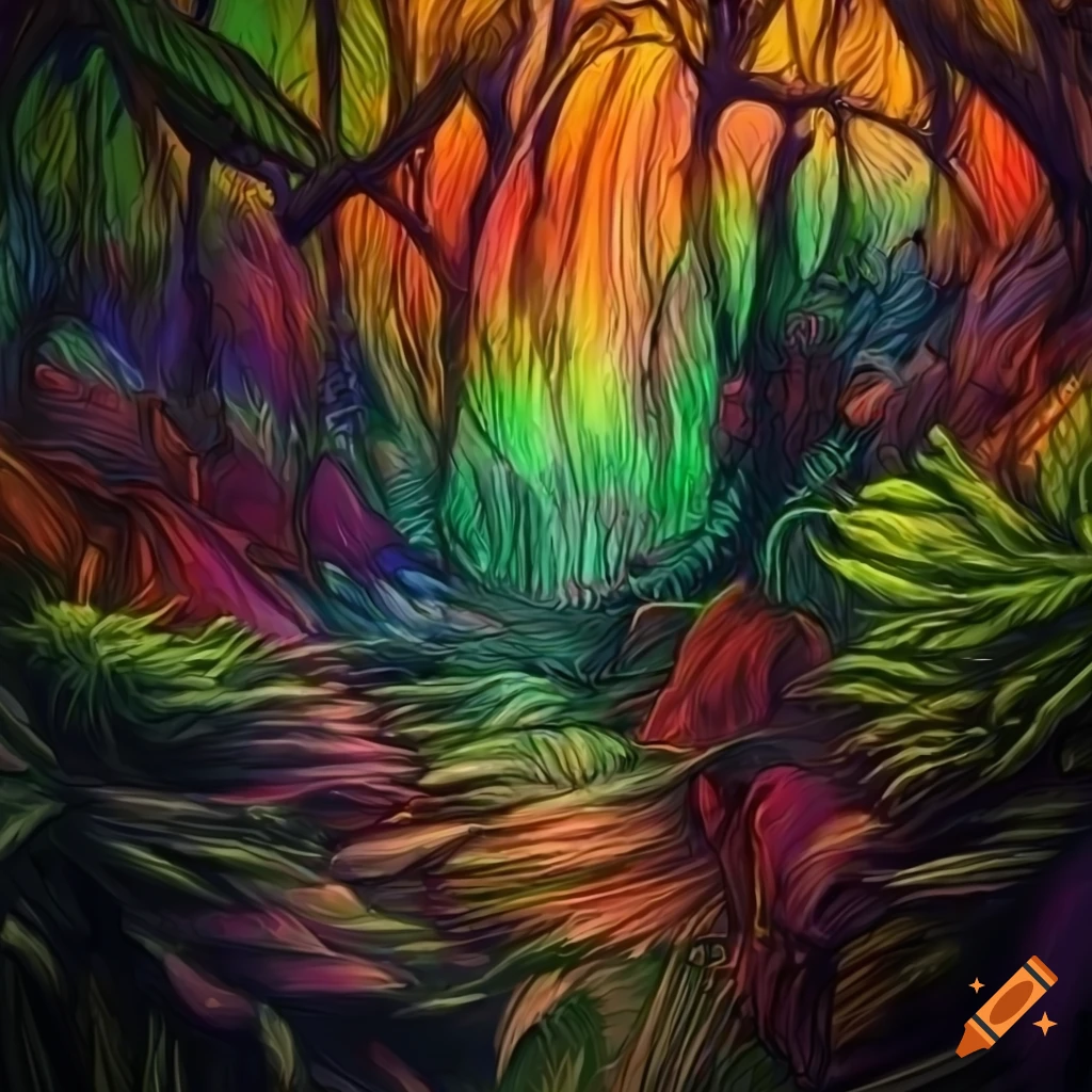 Rainbow-colored rainforest foliage in a sci-fi realism sketch on Craiyon