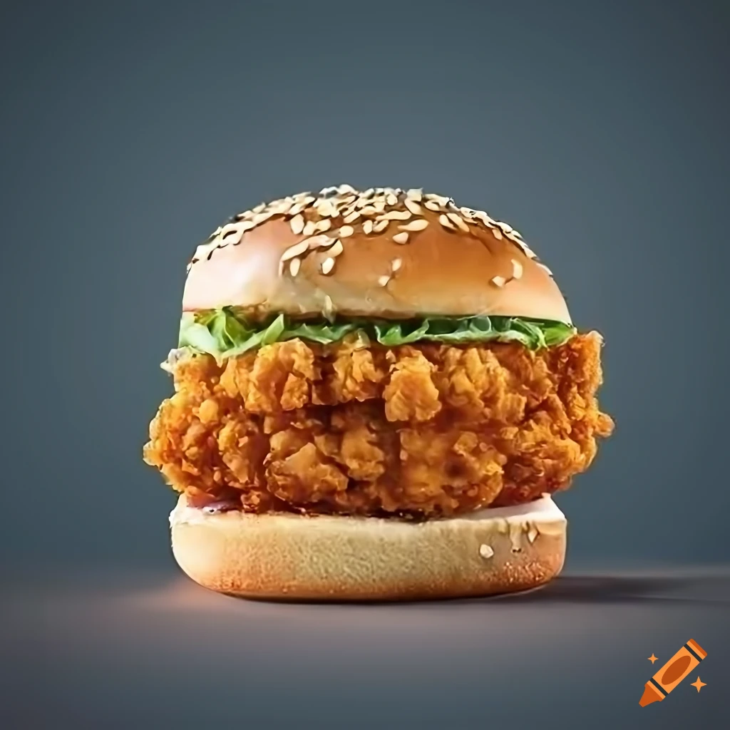 Zinger burger with sesame seed bun and crispy fried chicken fillet on ...