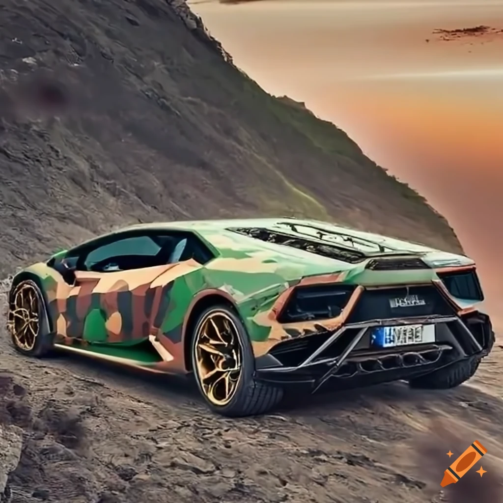Lamborghini huracan in military camouflage conquering a steep hill on ...