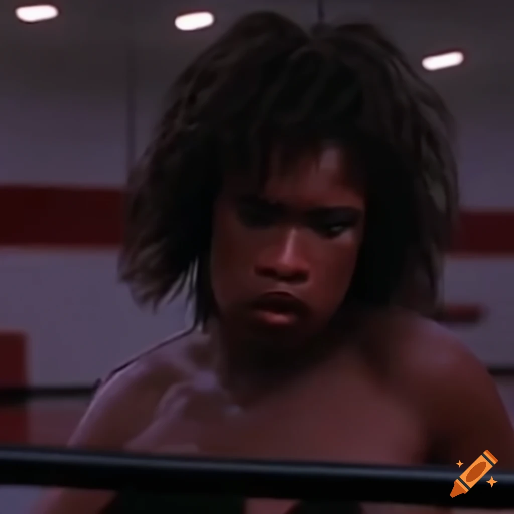 Closeup of dizzied female martial fighter in a 90's movie scene on Craiyon