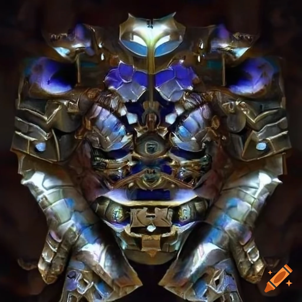 Front view of detailed mithril body armor with magical adornments on ...