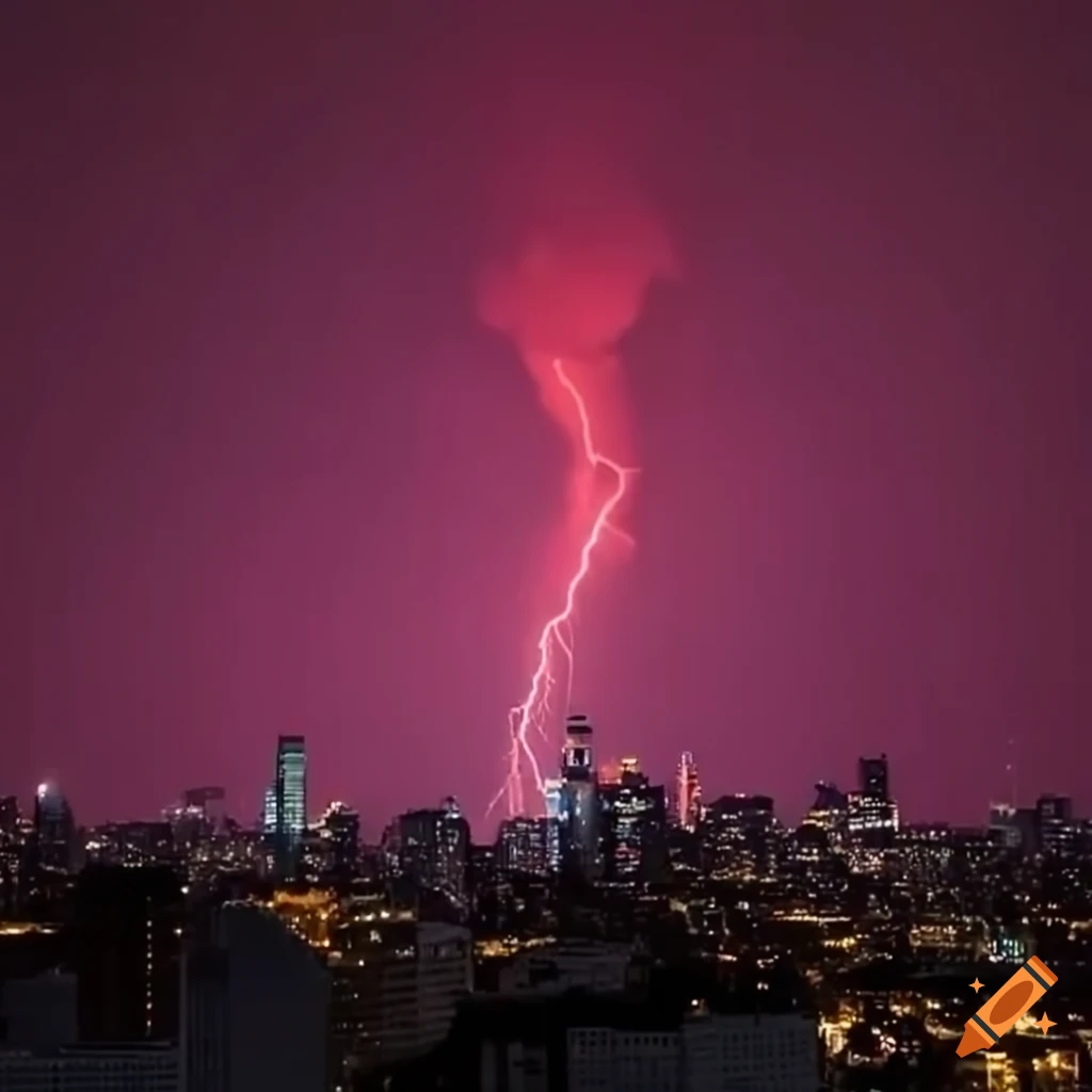 Cityscape with red lightning strike and fiery cloud overhead on Craiyon