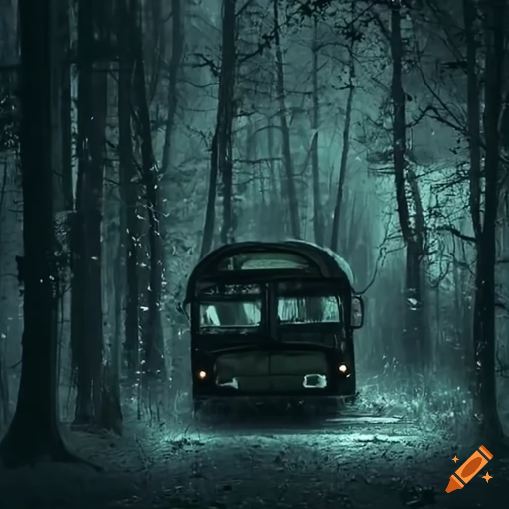 Driver driving haunted bus in dark forest on a rainy night on Craiyon