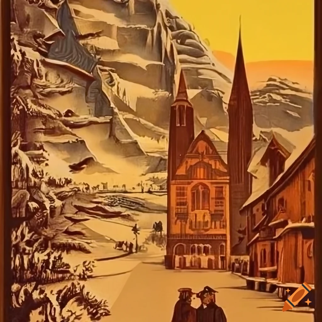 Vintage adventure travel poster with stave carvings in a vibrant ...