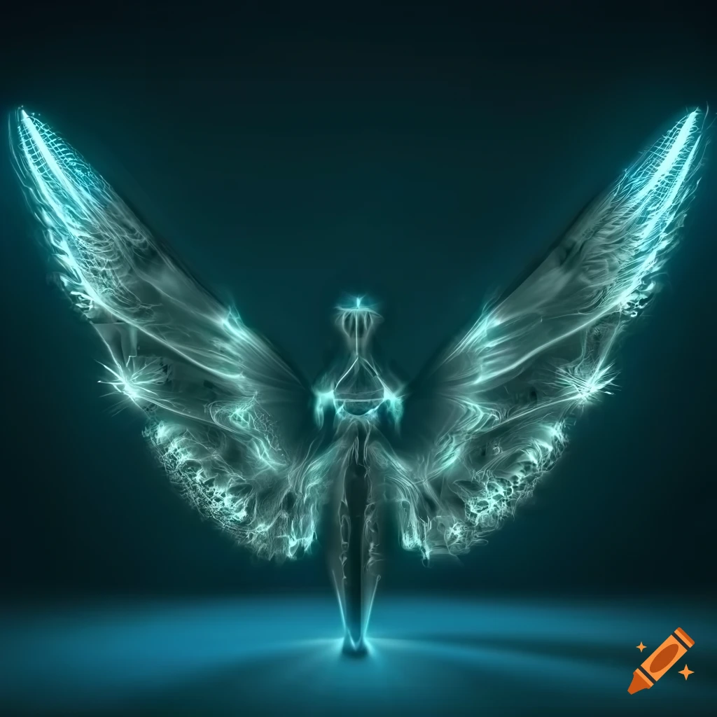 Glowing seamless cyborg Angel with fractal wings in a dark room on Craiyon