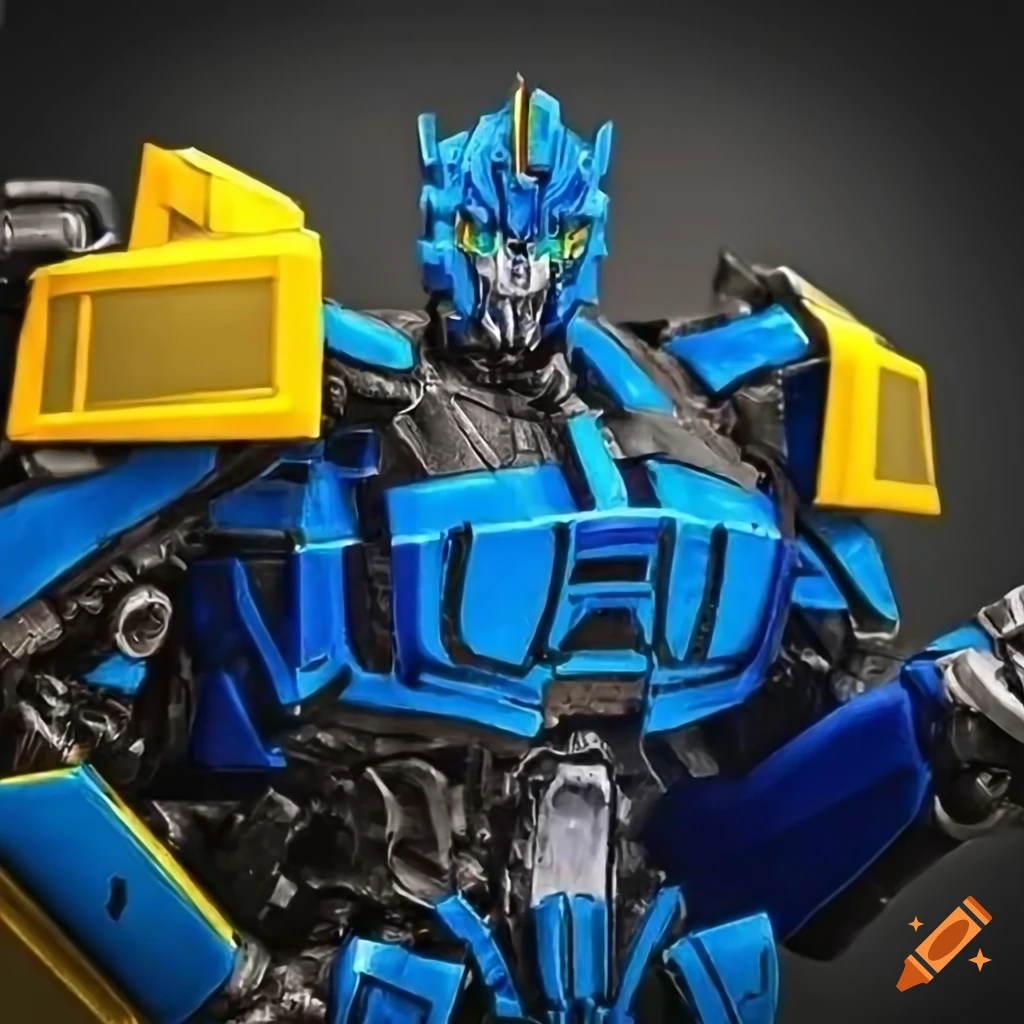 Blue and yellow transformer with a sword and "ocasionplus" inscription ...