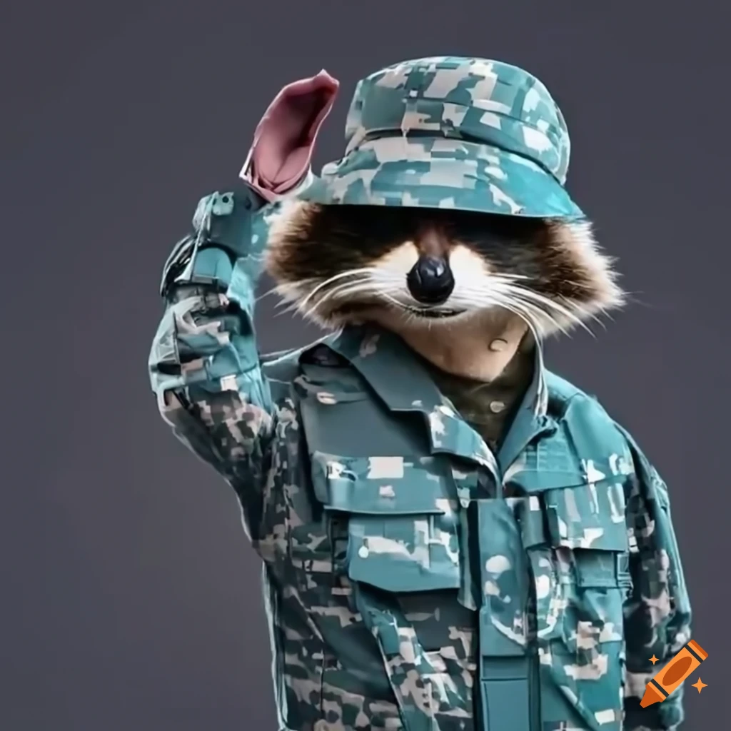 Raccoon in military uniform giving a salute on Craiyon
