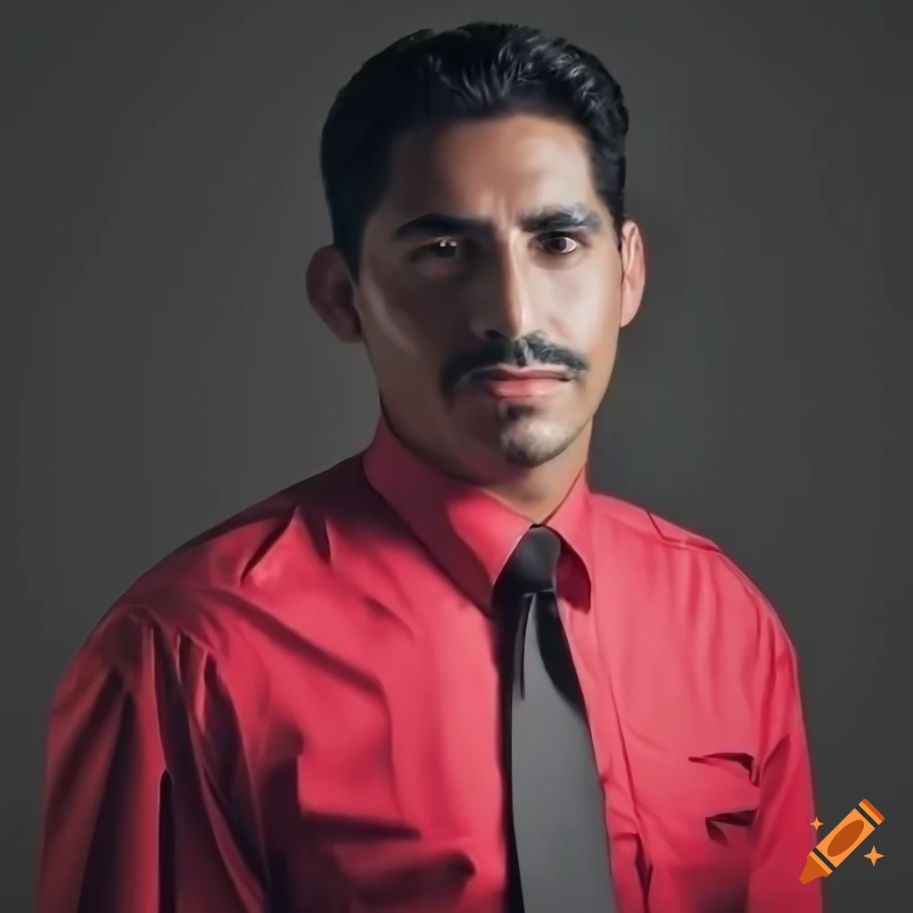 Handsome Mexican man in red dress shirt and black necktie on Craiyon