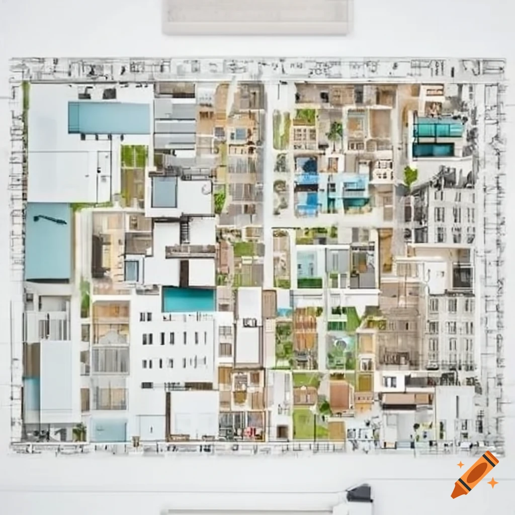 Modern town layout planner with labeled buildings on Craiyon