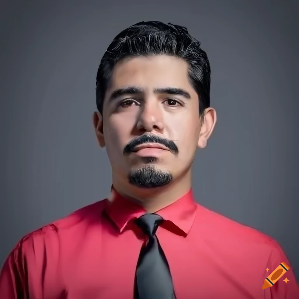 Handsome Mexican man in red dress shirt and black necktie on Craiyon