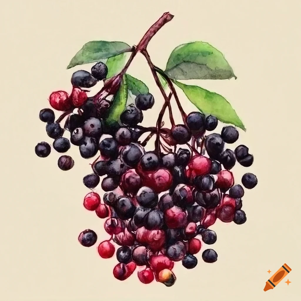 Intricately detailed elderberry botanical drawing in watercolor style ...