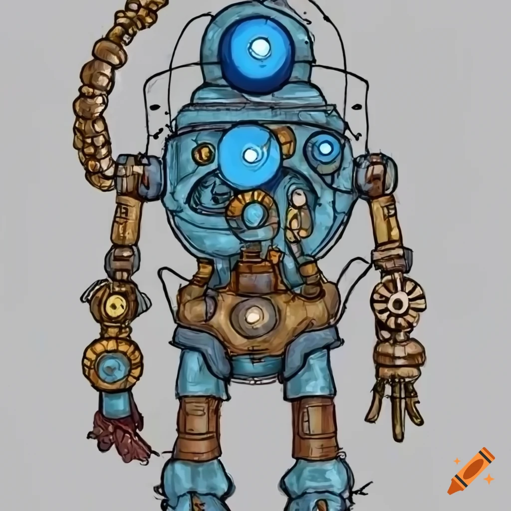 Tall steampunk robot with a blue round dome head on Craiyon