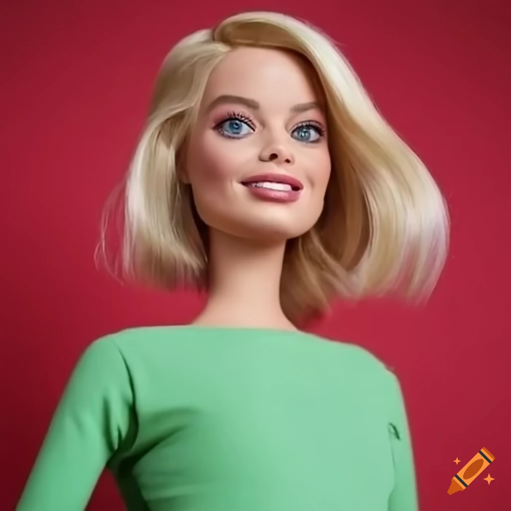 Margot Robbie as Barbie with a straight bob haircut wearing a green t-shirt on Craiyon