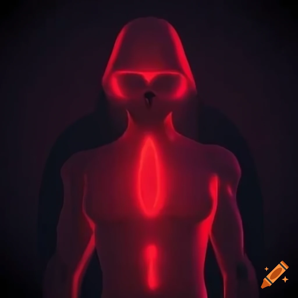 Void humanoid with red glowing eyes and glyphs on chest on Craiyon