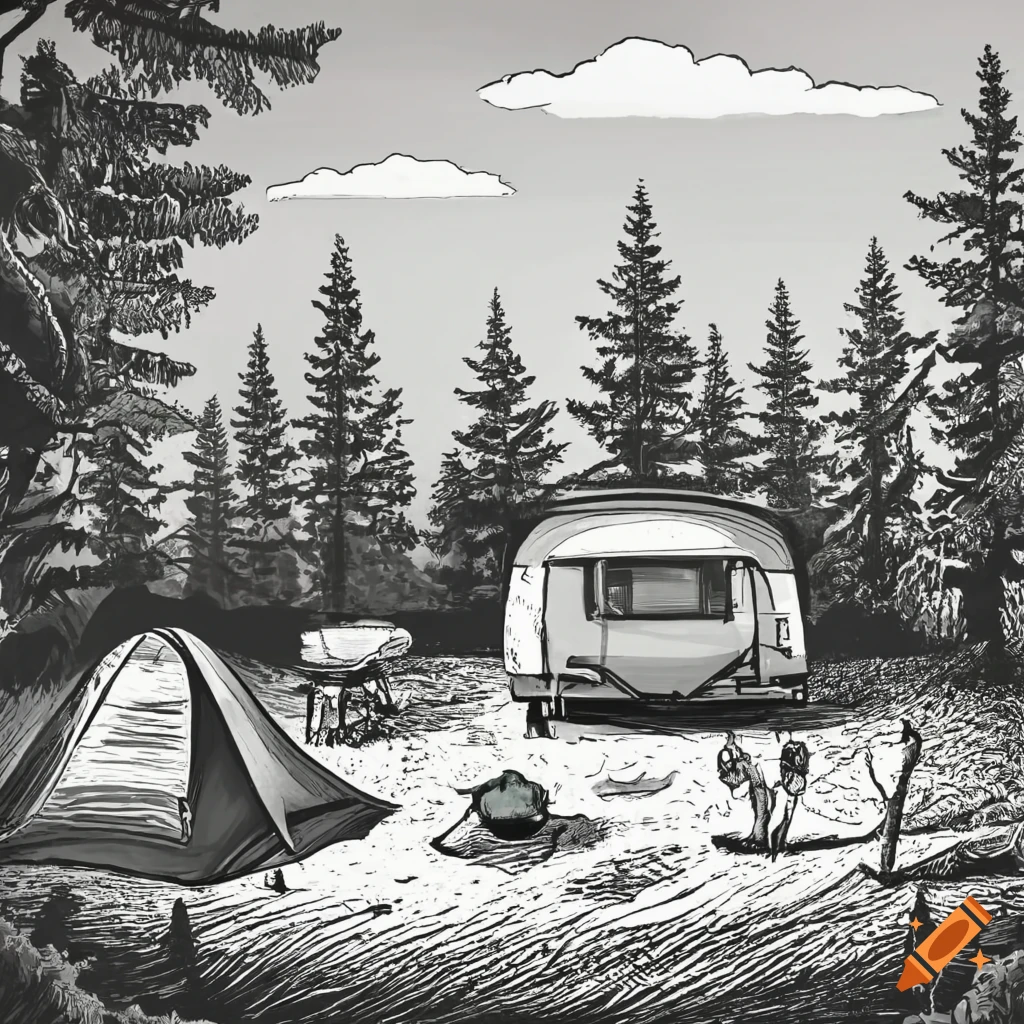 Scenic camping scene with caravan and tents in a wooded area under a ...