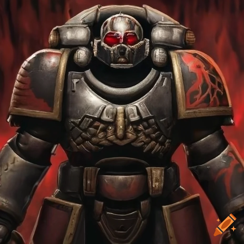Sci-fi space marine in advanced dark-gray armor with a blood-red dragon ...