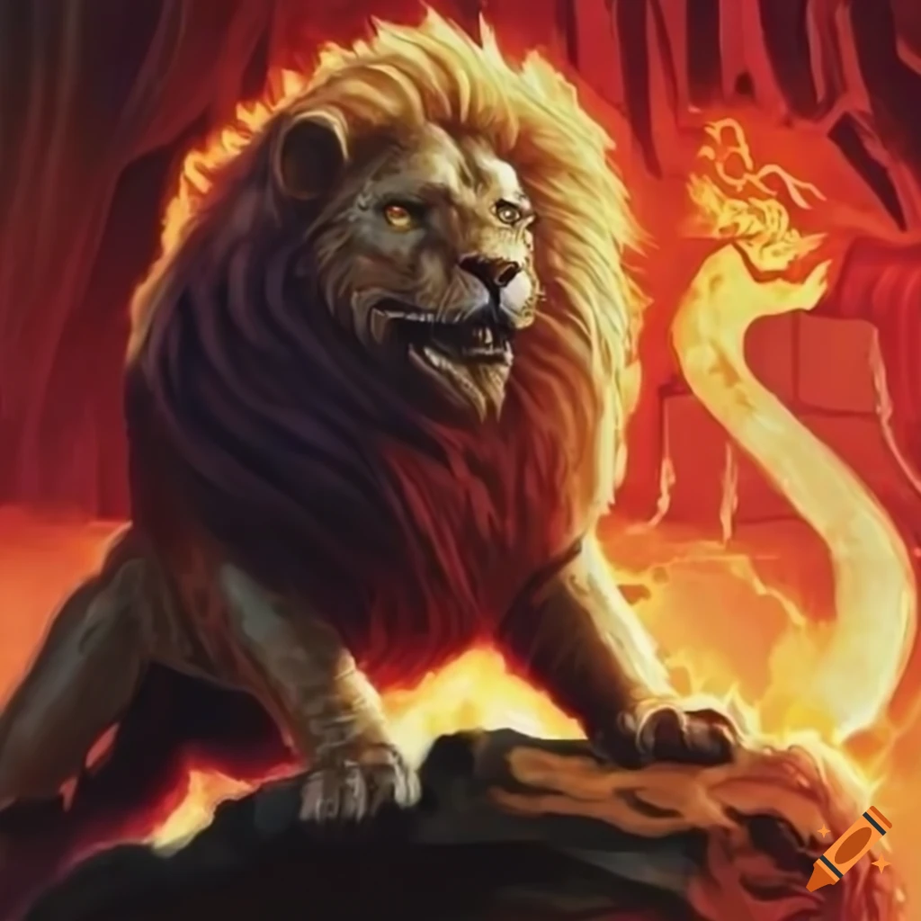 Anomaly lion chimera with flowing blood points and greek castle ...