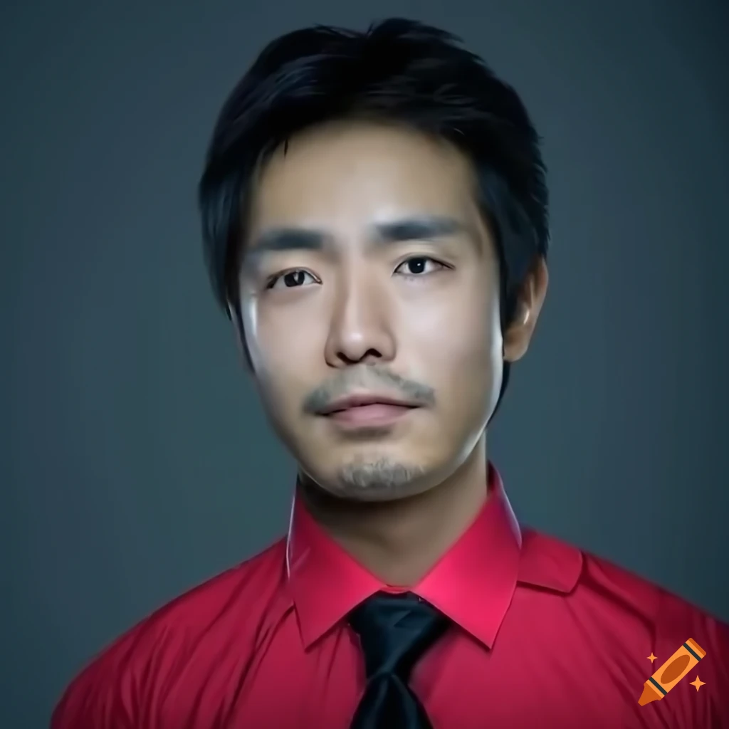 Handsome Japanese man in red dress shirt and black tie under bright ...