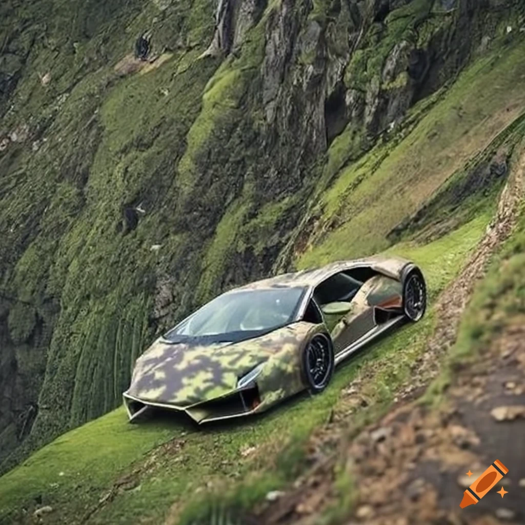 Lamborghini Huracan climbing a steep hill with military camo paint on Craiyon