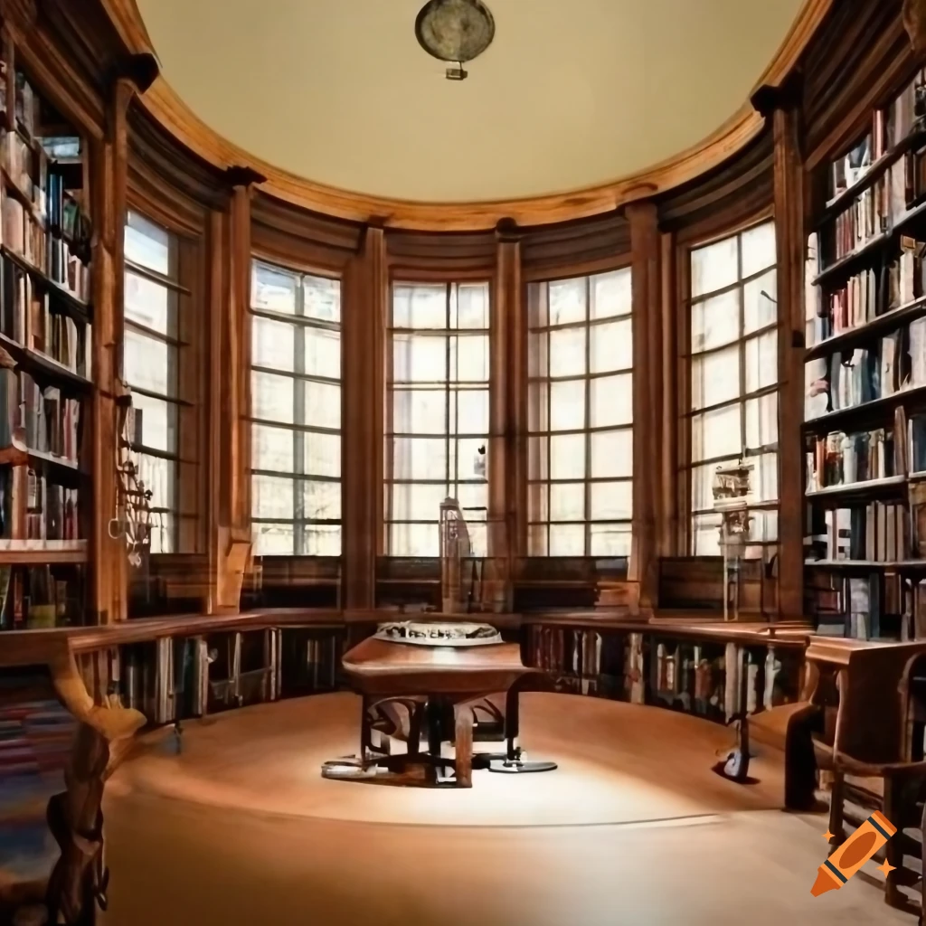 Spacious library with built-in bookshelves, large windows, skylights ...