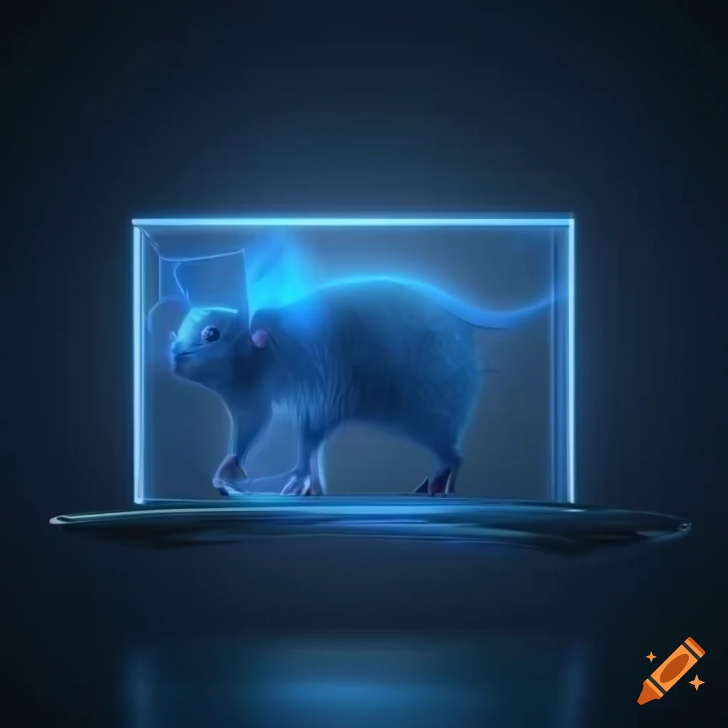 Floating translucent blue rat hologram screen with futuristic interface ...
