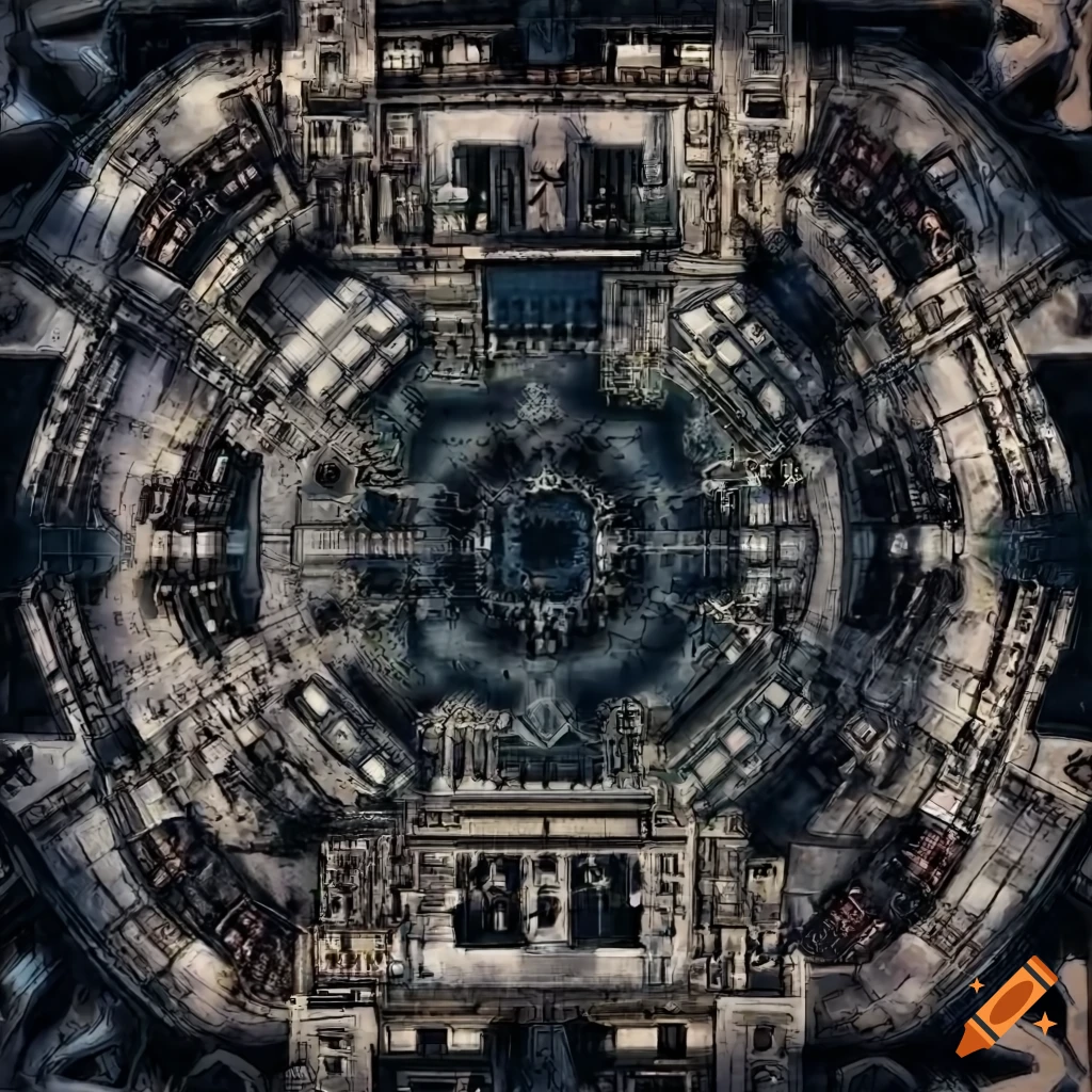 Detailed futuristic Gothic-style city district map with big buildings ...