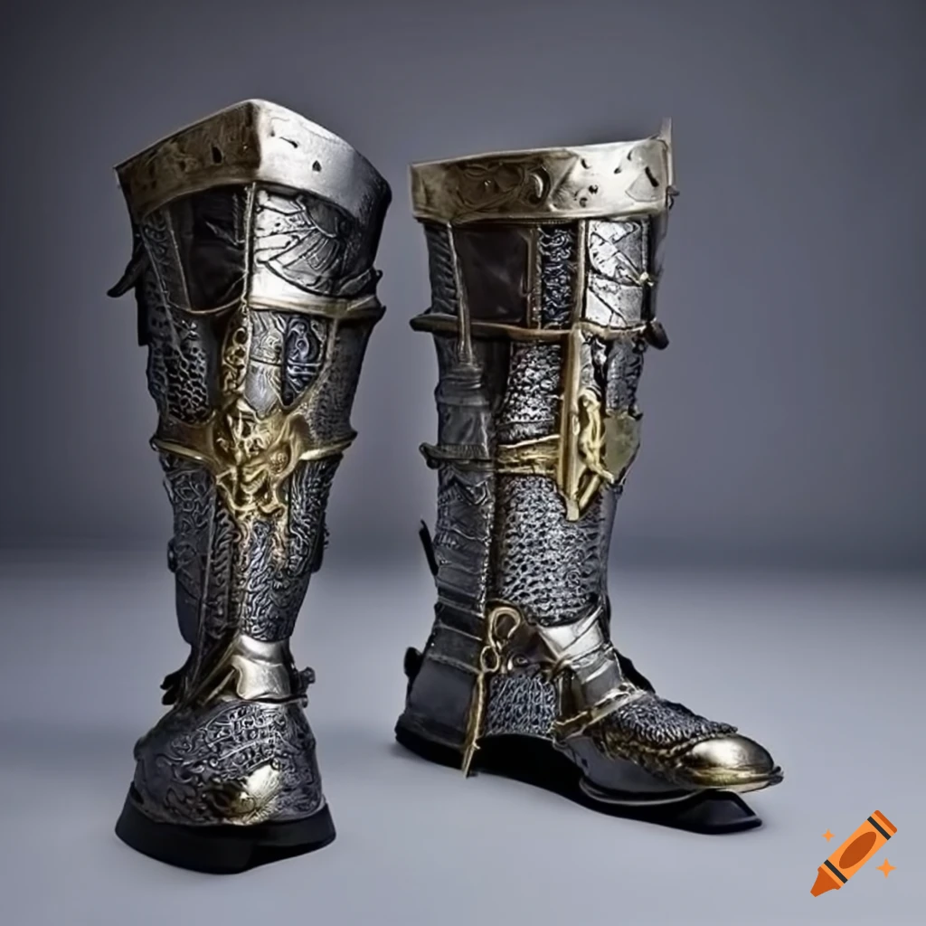 Medieval pair of adorned mithril plated knight boots with a magic aura ...