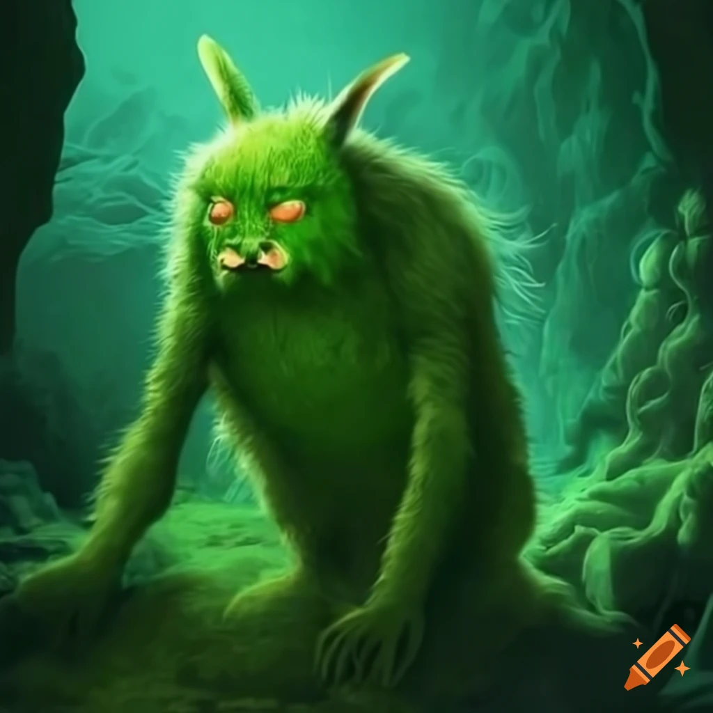 Mythical monster with a rabbit's furry tail in a mystical green cave ...