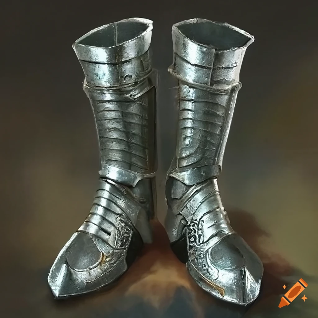 Mithril-plated medieval knight boots for RPG adventures on Craiyon