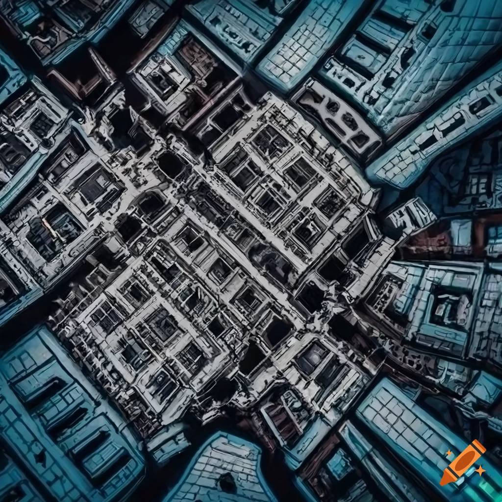 Detailed futuristic Gothic-style city district map with big buildings ...