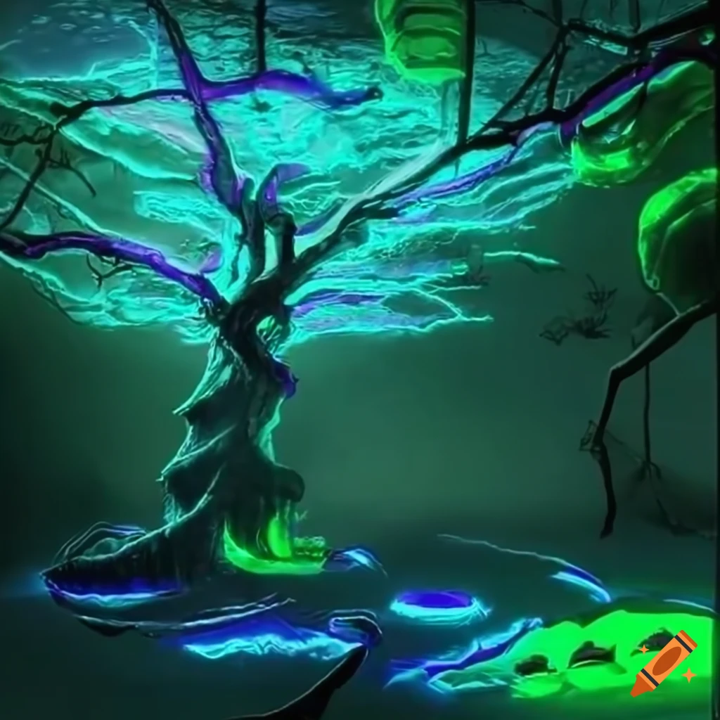 Biopunk paradise with glowing bioluminescent trees merging nature and ...