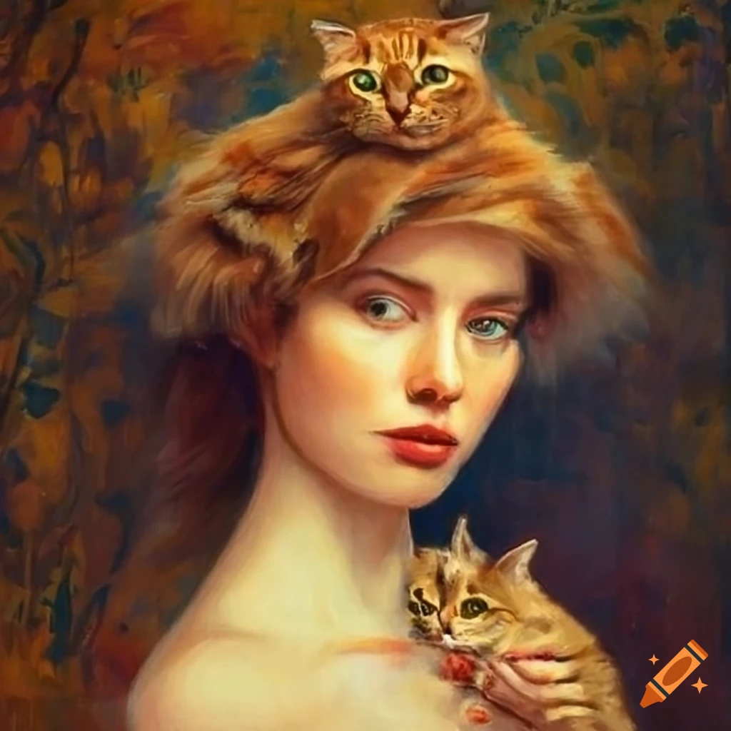Beautiful woman posing with a cat in David Hettinger's style on Craiyon